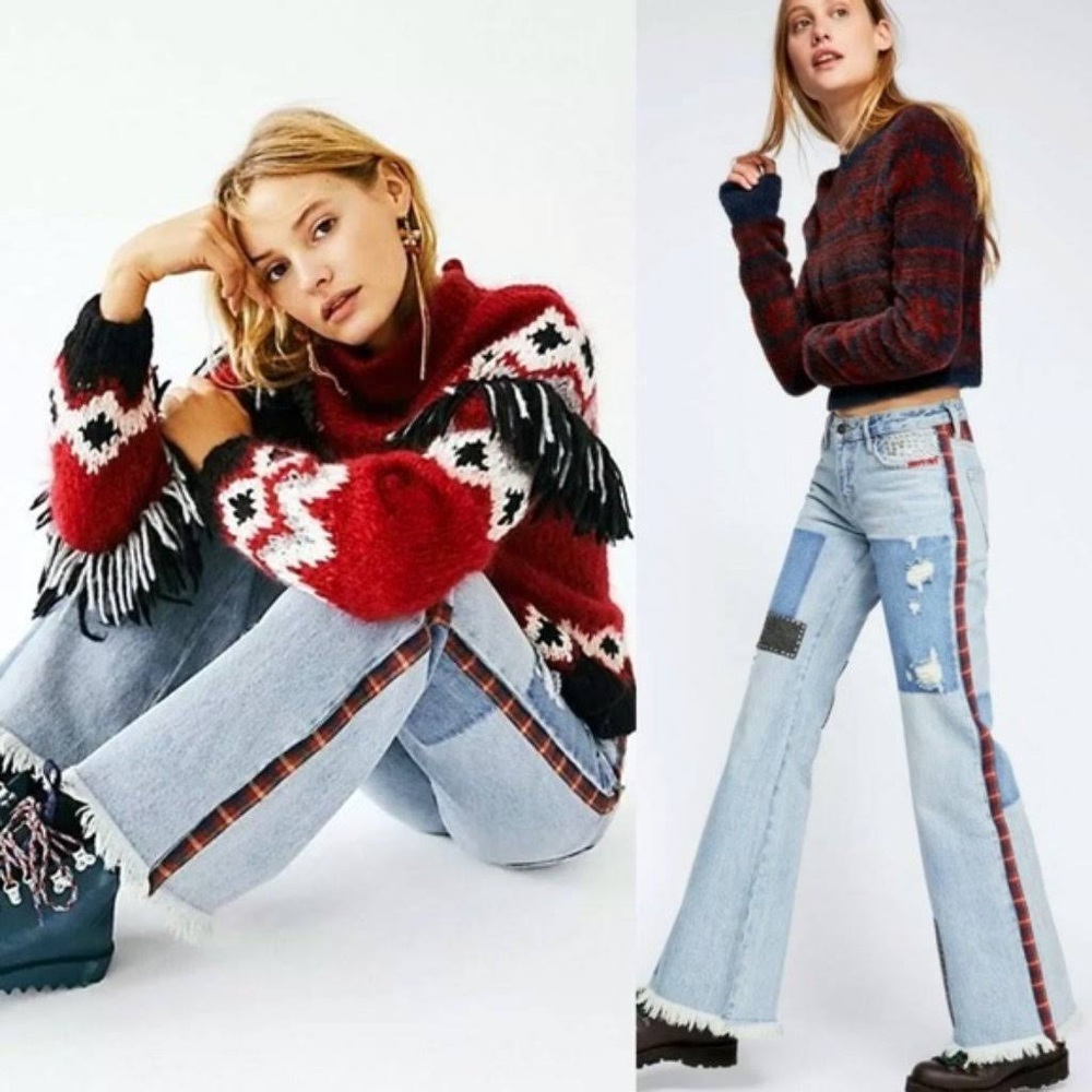 Free People Patchwork Plaid Studded Flare Jeans - Gem